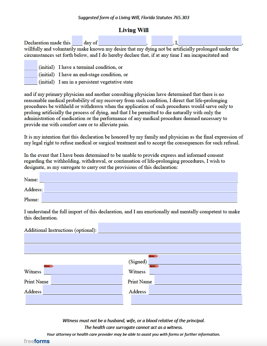 Free Florida Living Will Form | PDF