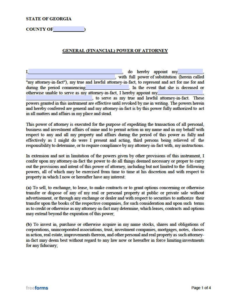 Free Georgia General (Financial) Power of Attorney Form | PDF