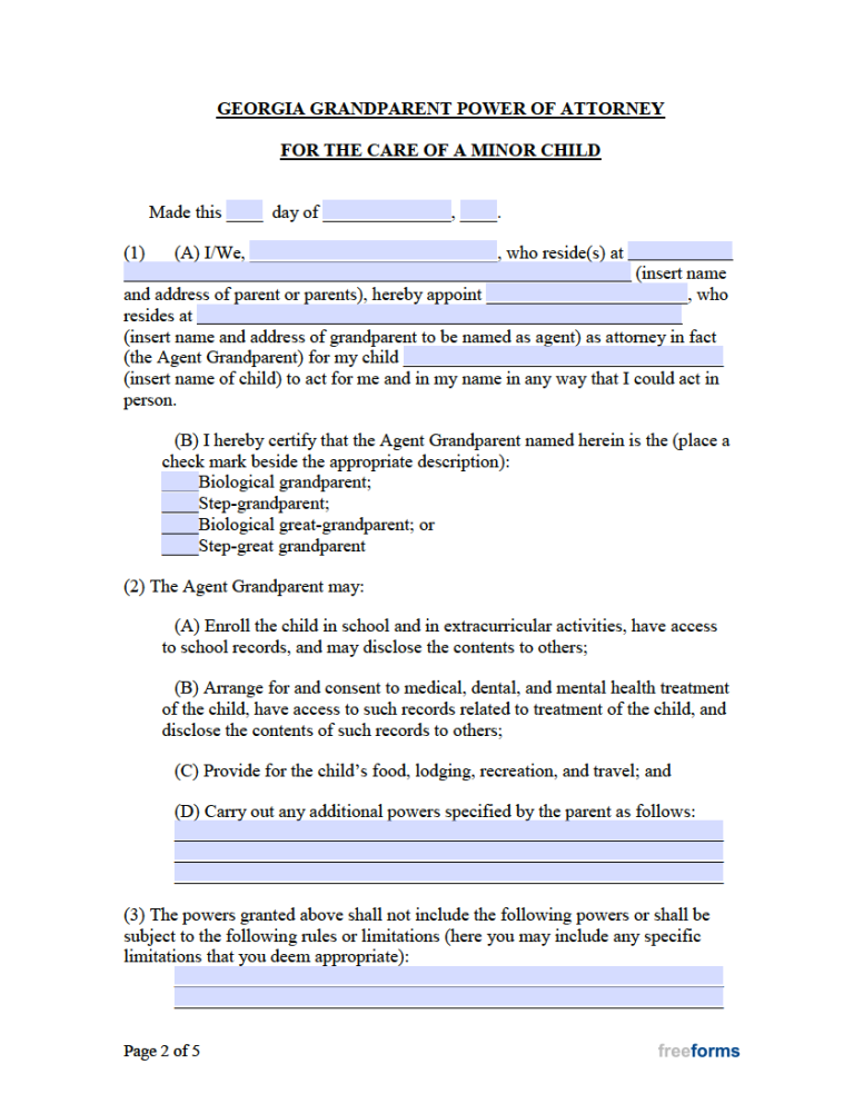 Free Georgia Minor Child Power Of Attorney Form PDF
