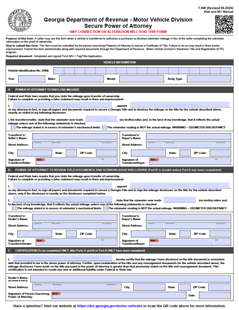 Free Georgia Motor Vehicle Power of Attorney Form | PDF