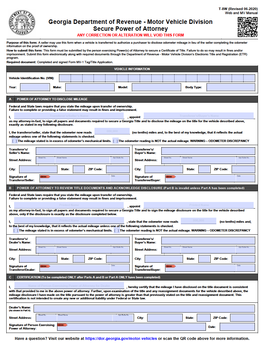 Free Georgia Motor Vehicle Power of Attorney Form | PDF