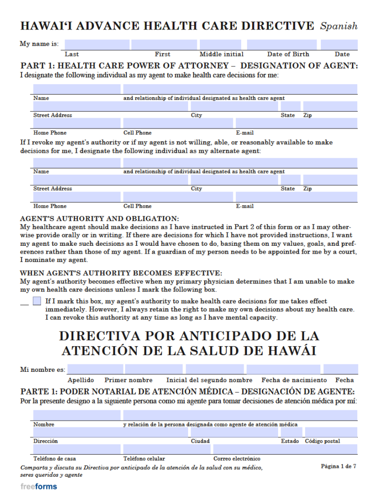 Free Hawaii Advance Directive Form (Medical POA & Living Will) | PDF
