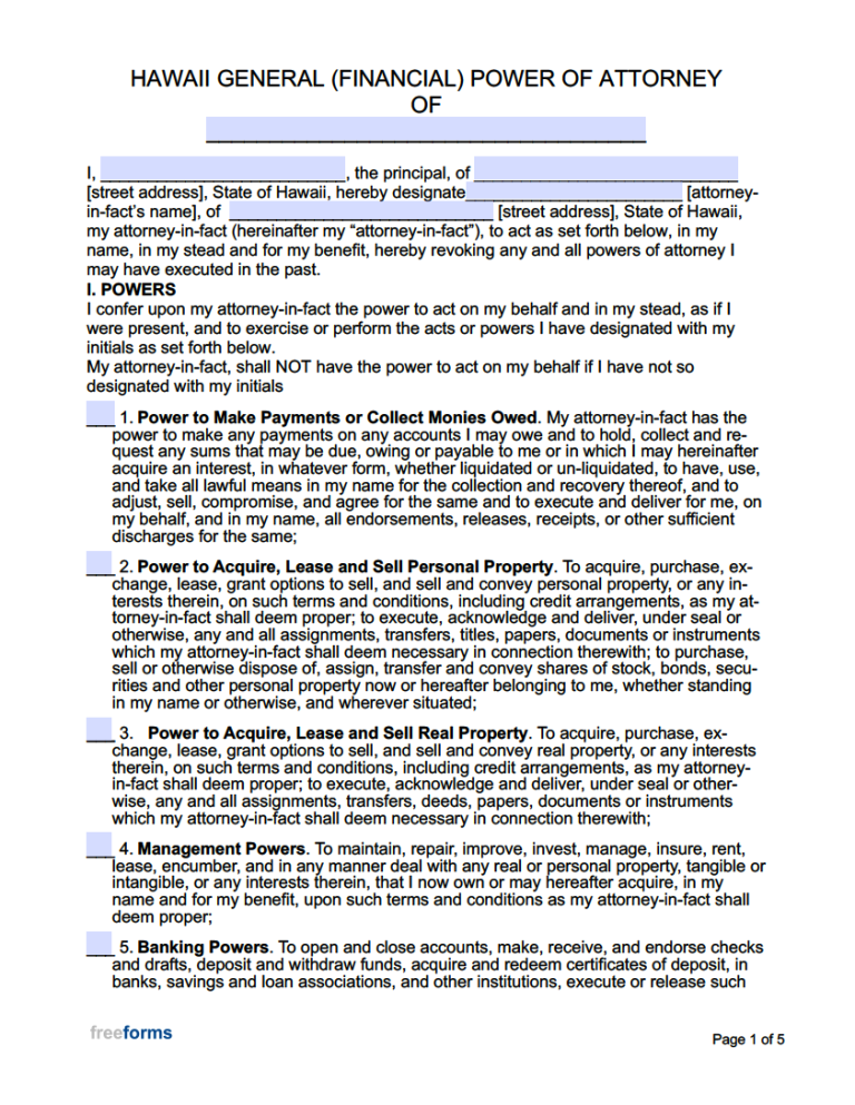 Free Hawaii General (Financial) Power of Attorney Form | PDF