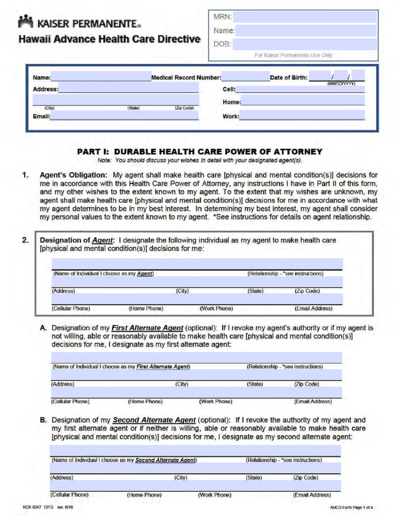 Free Hawaii Advance Directive Form (Medical POA & Living Will) | PDF