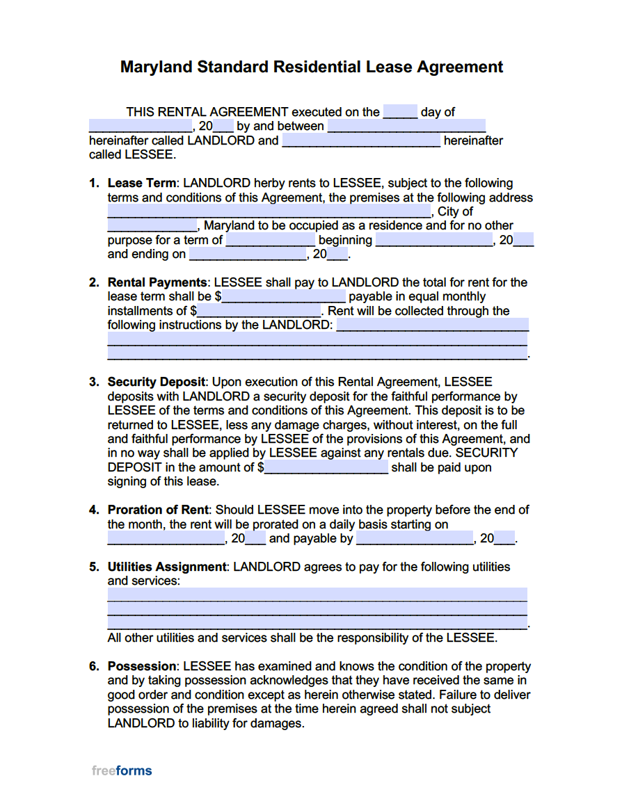 Free Maryland Standard Residential Lease Agreement Pdf Word Eforms 