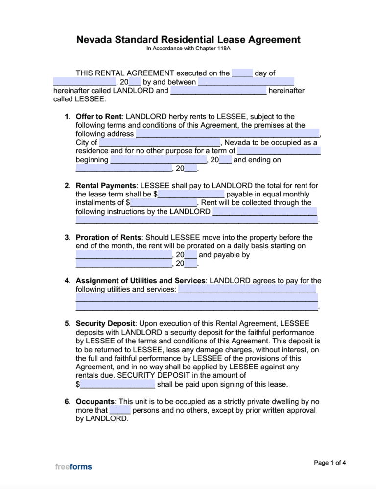 Free Nevada Standard Residential Lease Agreement Template PDF WORD