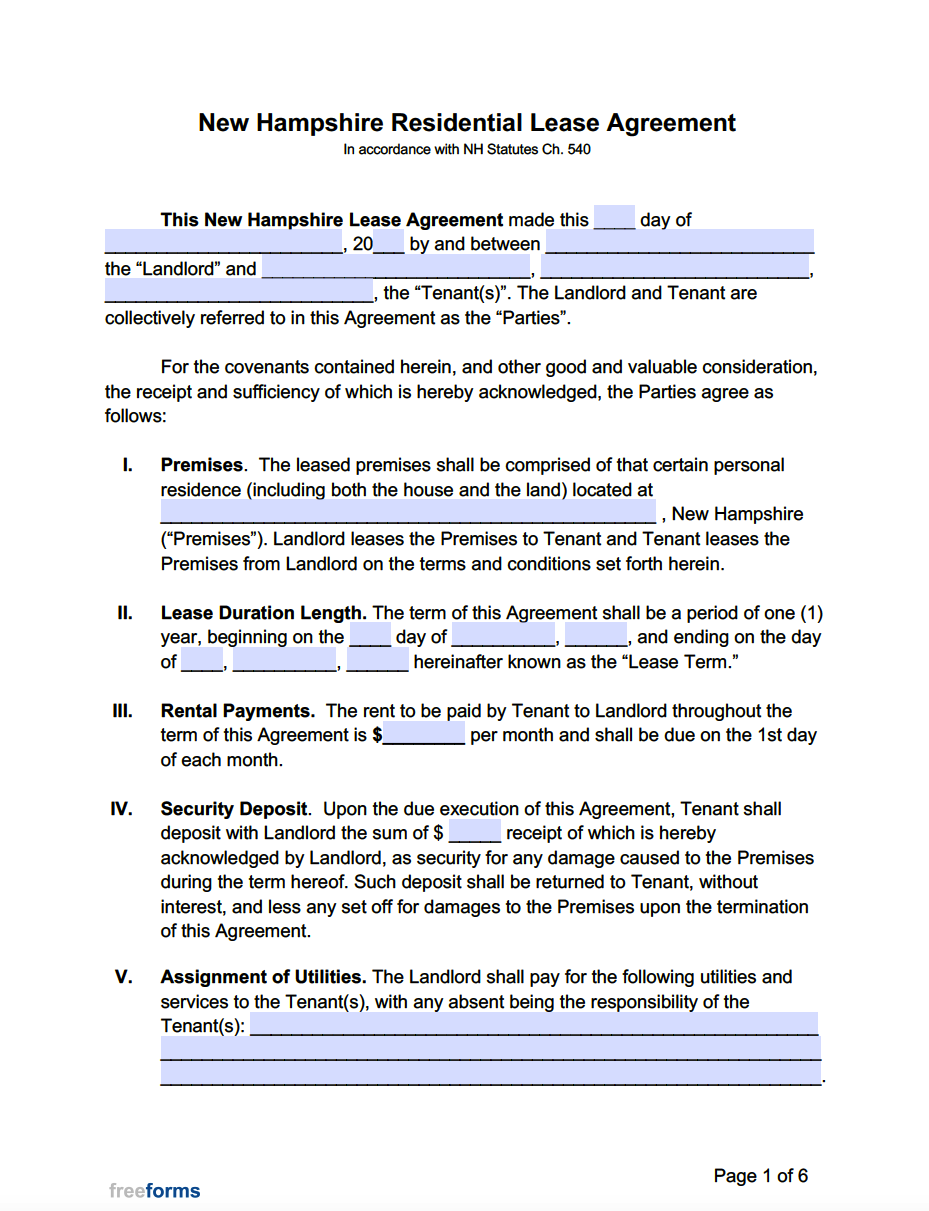 Free New Hampshire Standard Residential Lease Agreement Template | PDF ...