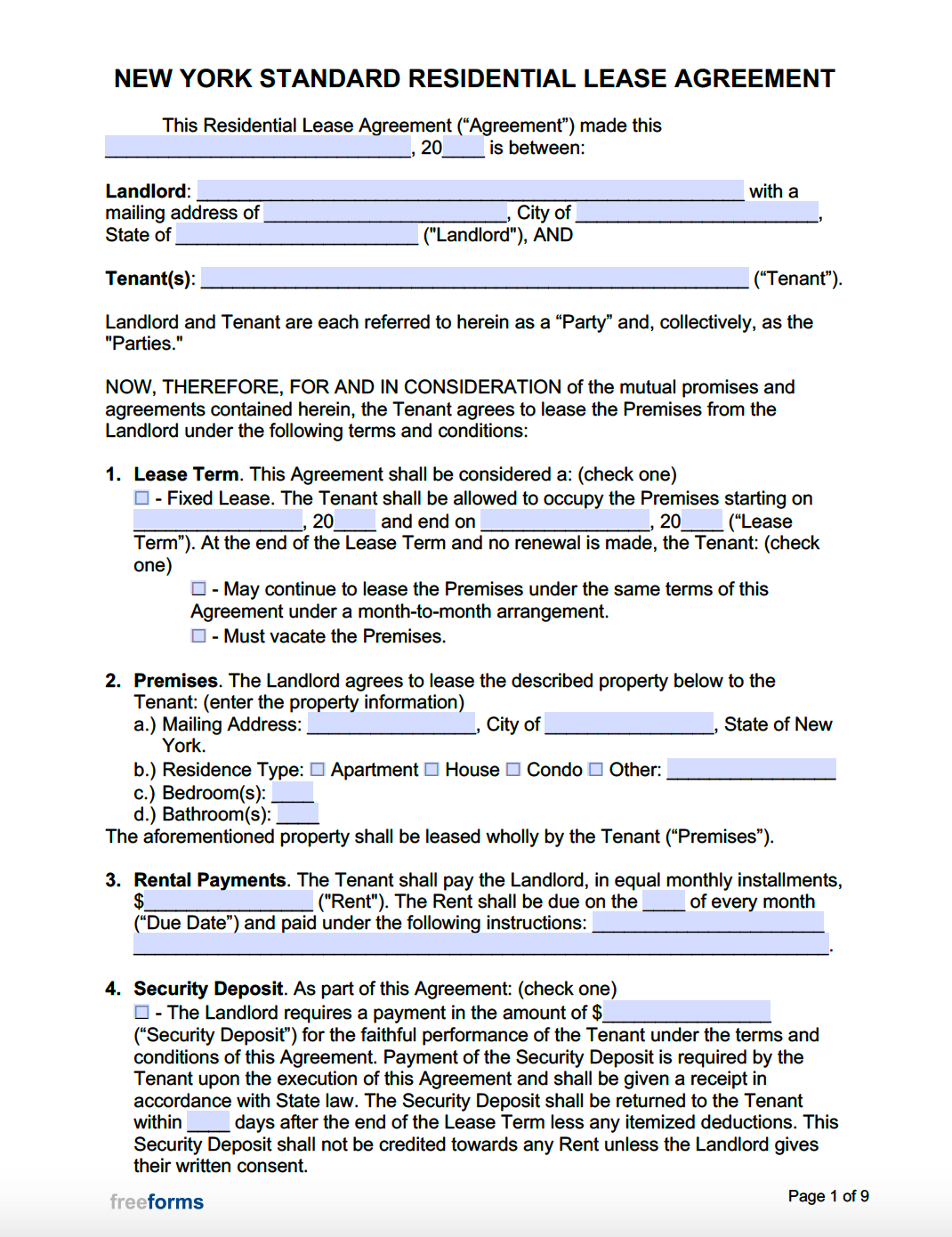 Printable New York Residential Lease Agreement Form