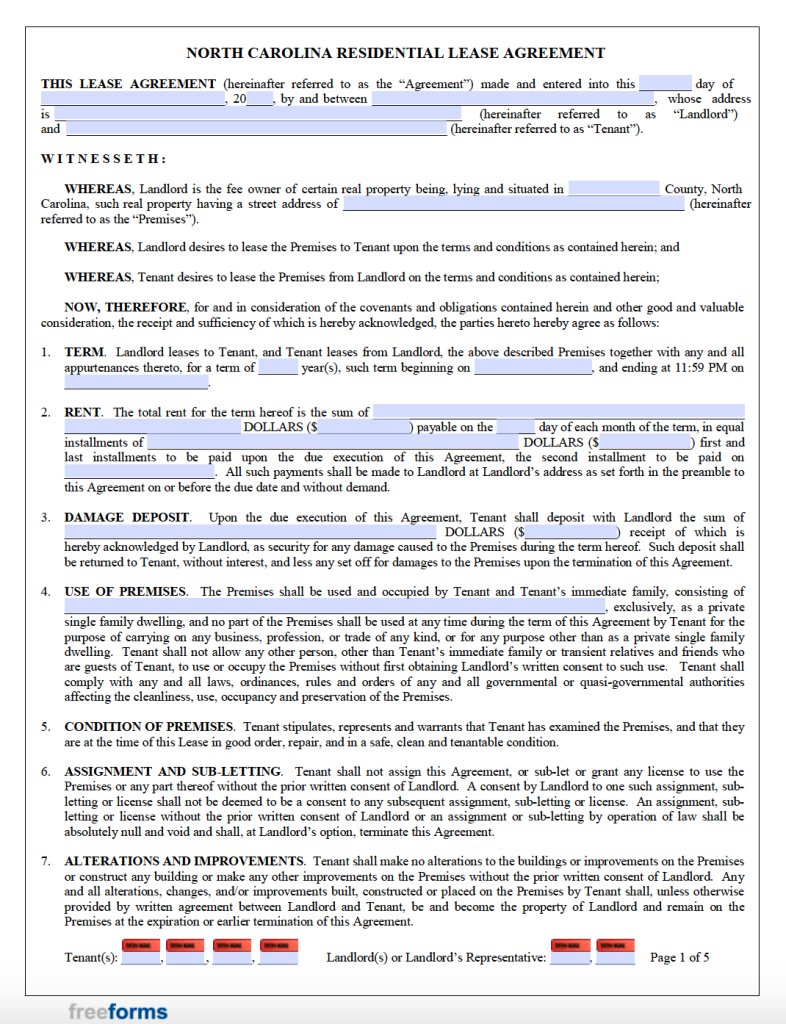 Free North Carolina Rental Lease Agreement Templates | PDF