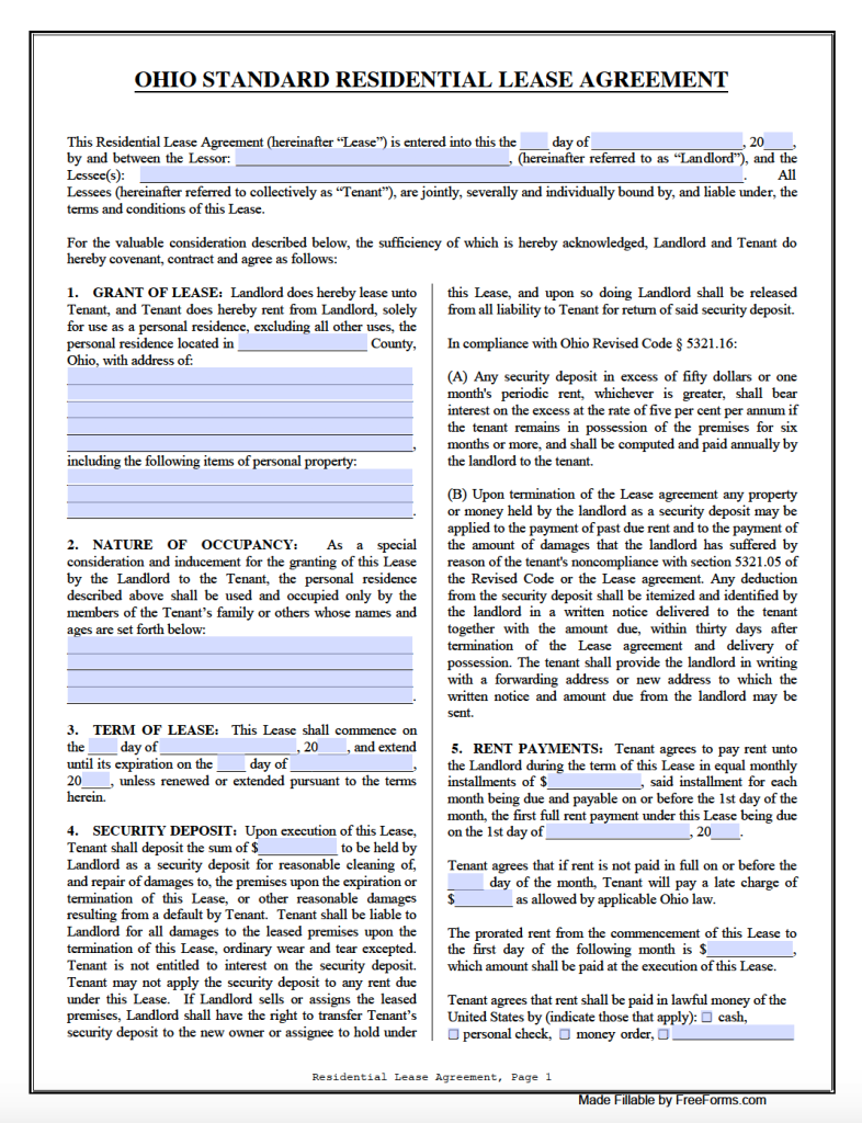 Free Ohio Standard Residential Lease Agreement Template PDF WORD