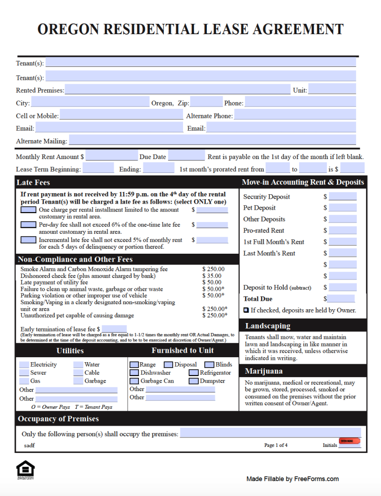 Free Oregon Standard Residential Lease Agreement Template | PDF | Word