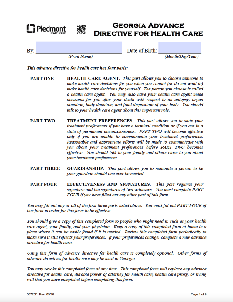 Free Georgia Advance Directive Form (Medical POA & Living Will) | PDF