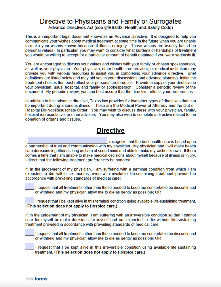 Free Texas Advance Directive Form (Medical POA & Living Will) | PDF | WORD