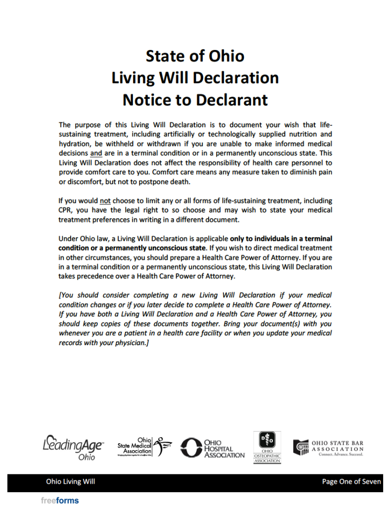 Free Ohio Living Will Form | PDF