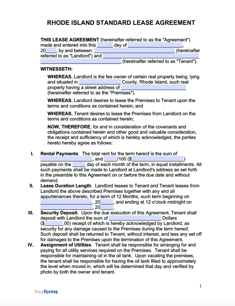 Free Rhode Island Standard Residential Lease Agreement Template | PDF ...