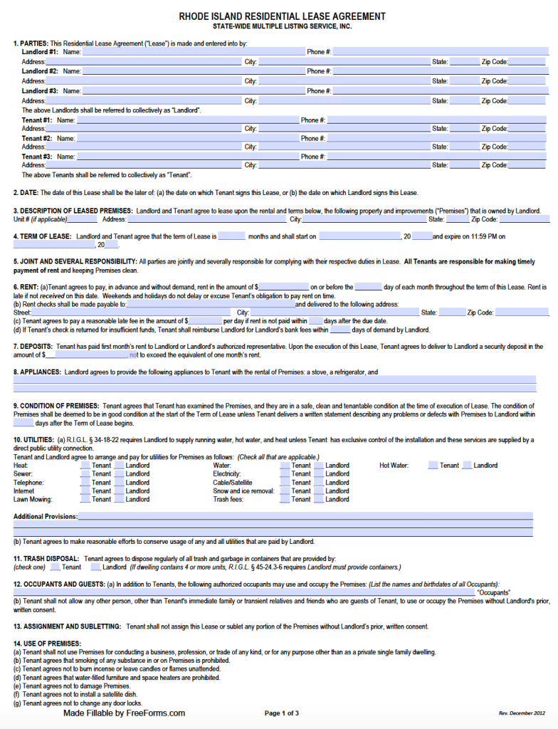 Free Rhode Island Standard Residential Lease Agreement Template | PDF | Word