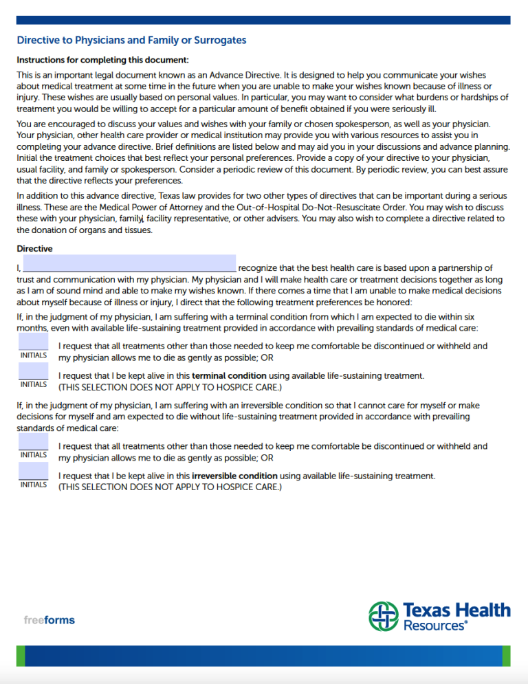 Free Texas Living Will Form | PDF