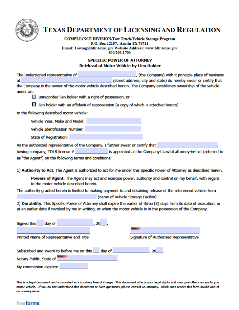 Free Texas Motor Vehicle Power of Attorney Form | PDF