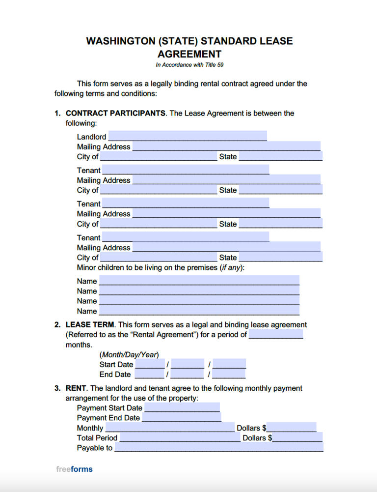 Free Washington Standard Residential Lease Agreement Template | PDF | Word