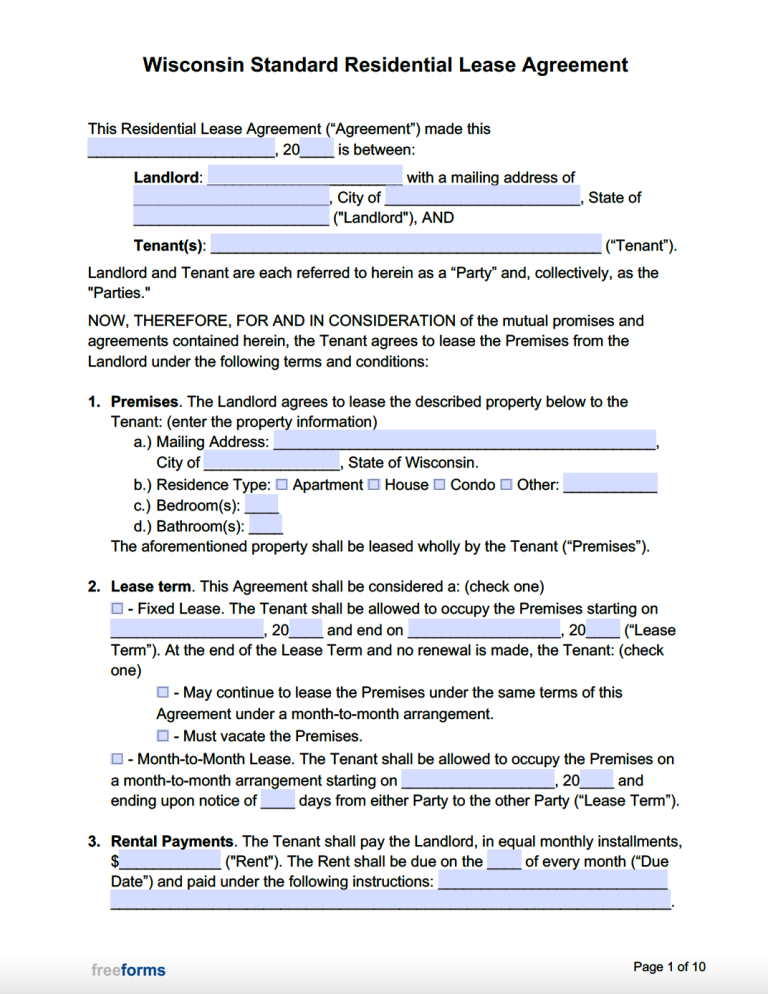 Free Wisconsin Standard Residential Lease Agreement Template | PDF