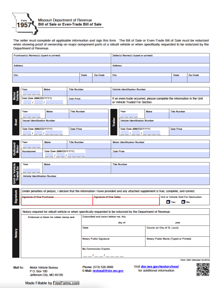 Free Missouri DMV Bill Of Sale Form For Motor Vehicle Trailer Or 