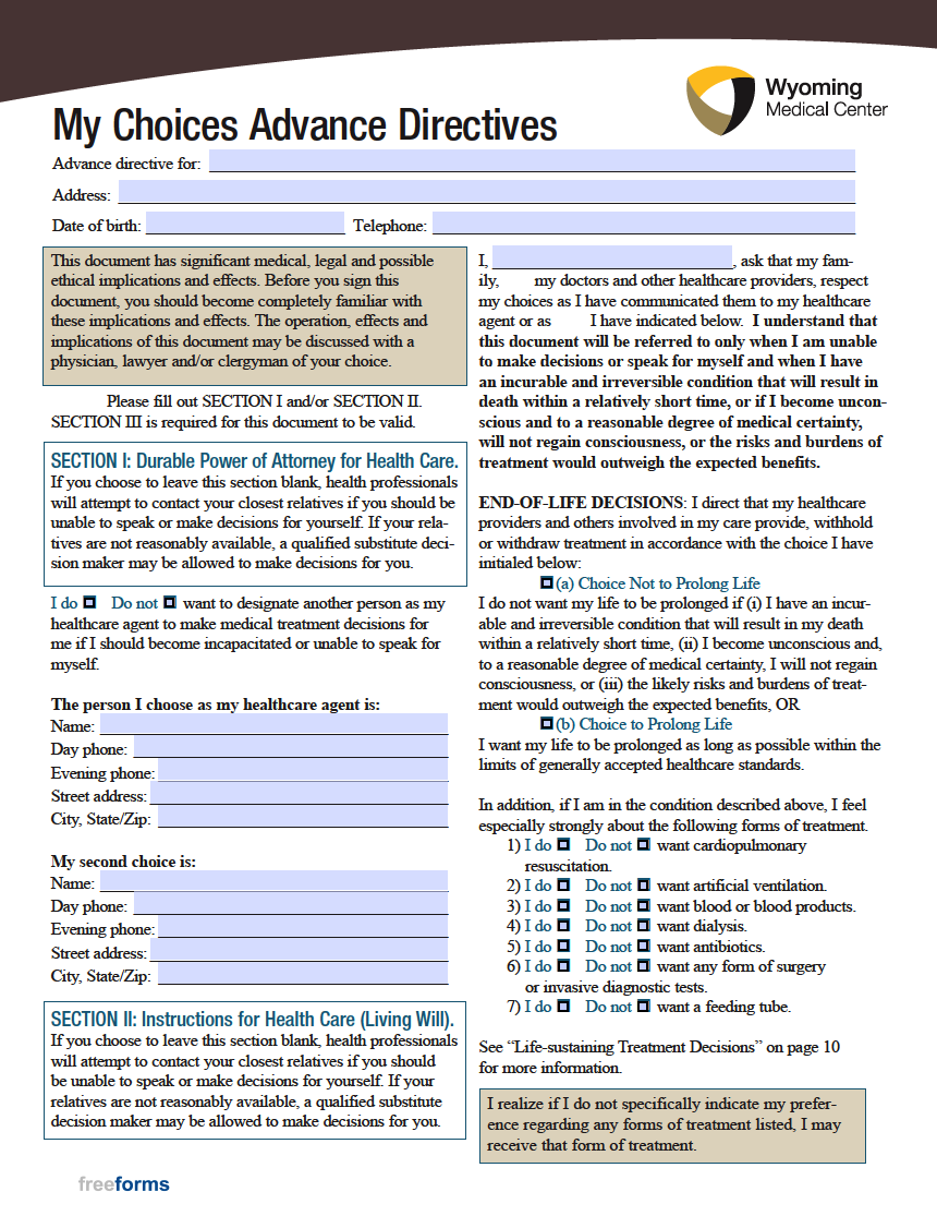 Free Wyoming Advance Directive Form (Medical POA & Living Will) | PDF