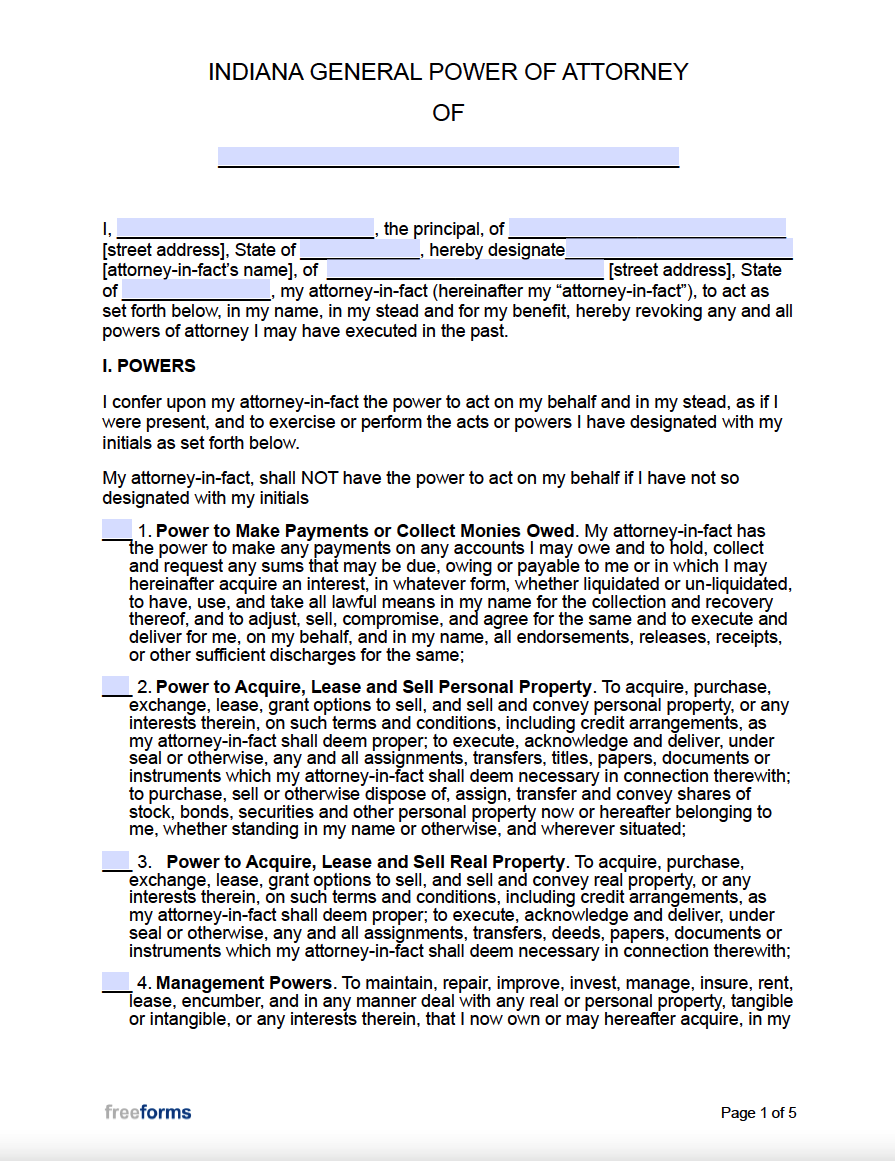 Free Indiana General Financial Power Of Attorney Form PDF WORD
