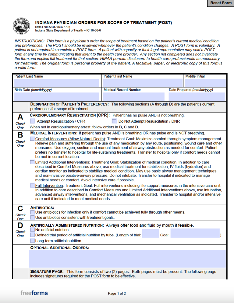Free Indiana Advance Directive (Medical POA & Living Will) Form | PDF ...