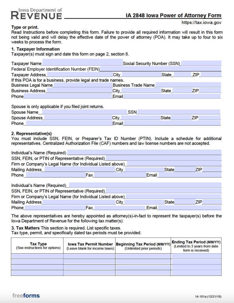 Free Iowa Tax Power of Attorney Form | PDF