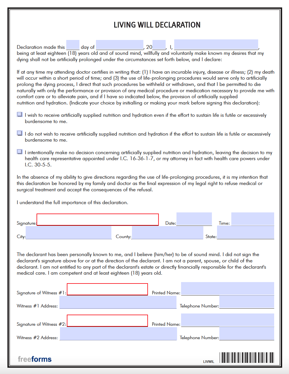 Free Indiana Living Will Form | PDF | Word