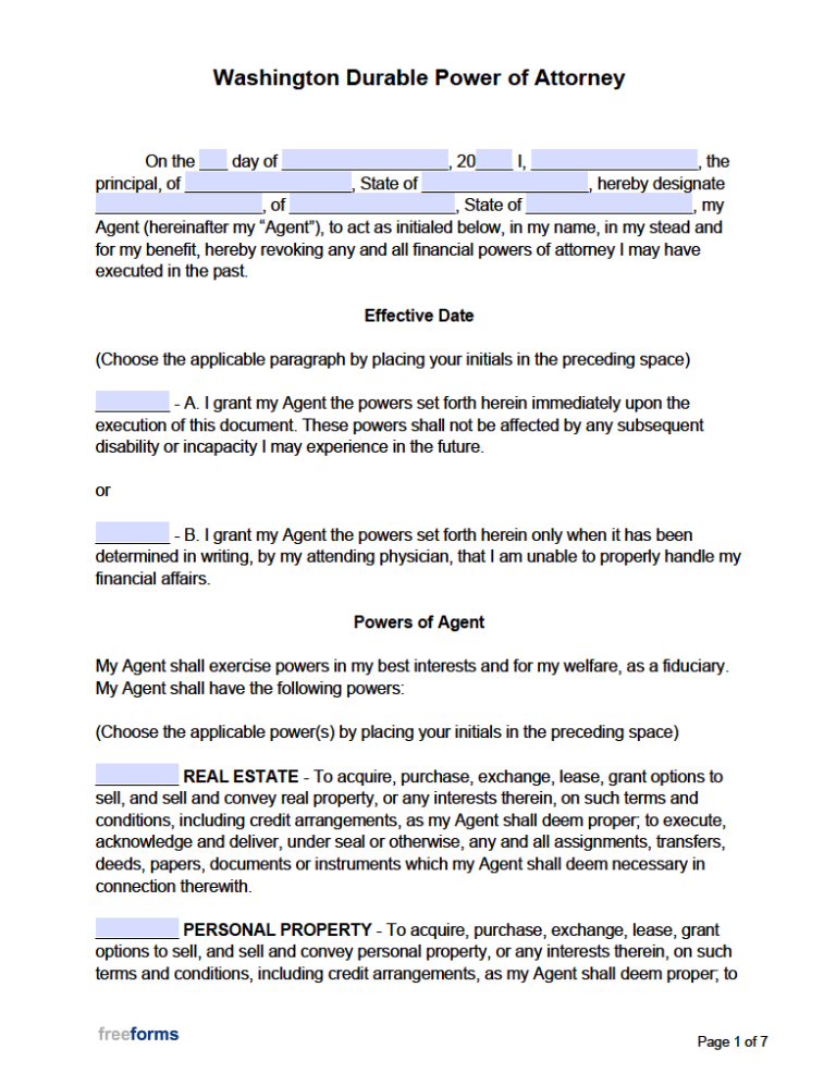 Free Washington Durable Financial Power Of Attorney Form PDF WORD
