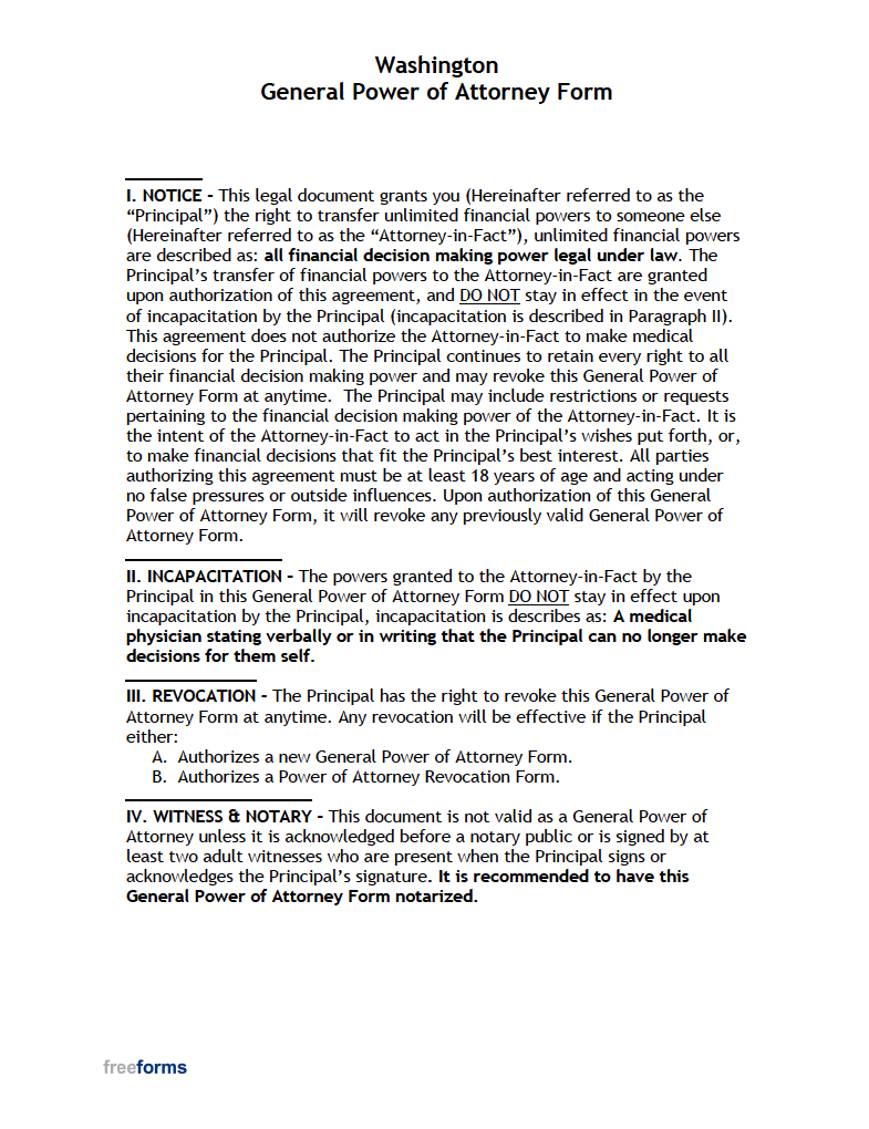 Free Washington General (Financial) Power of Attorney Form | PDF | WORD