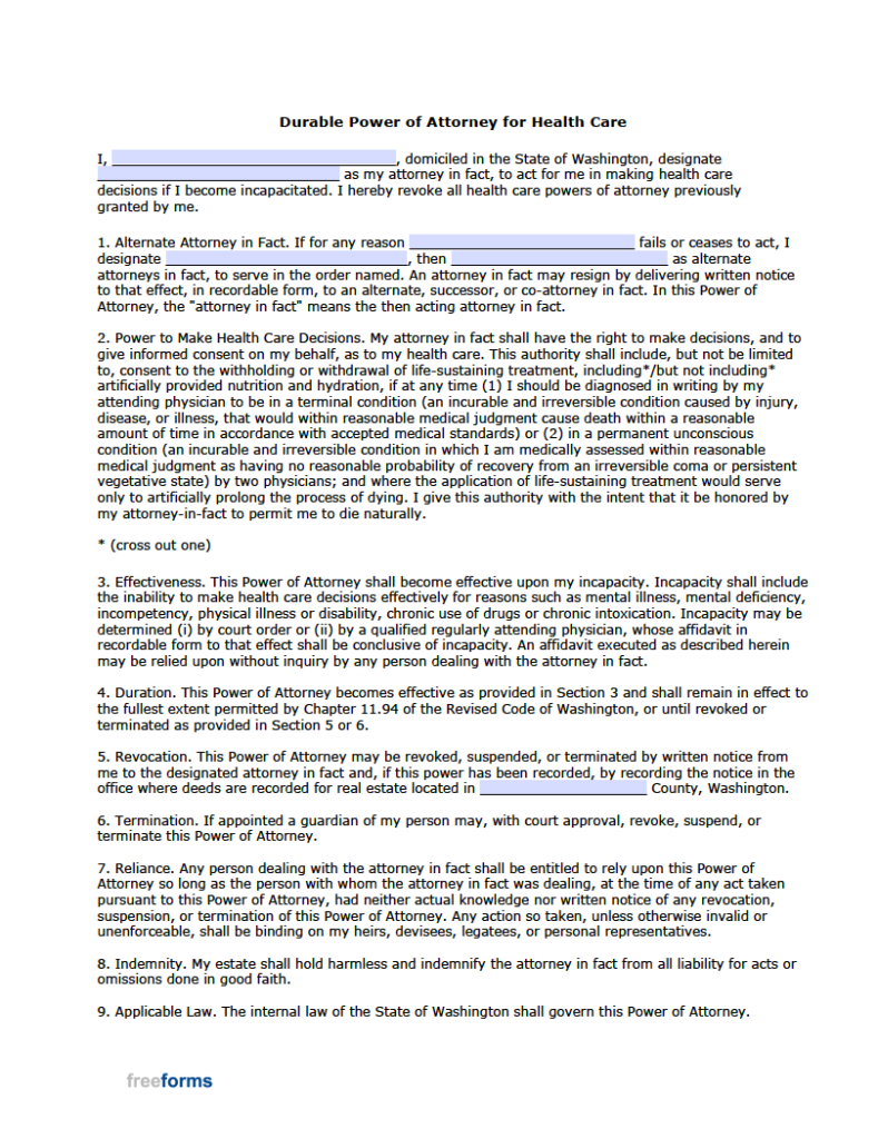 Free Washington Medical Power of Attorney Form | PDF