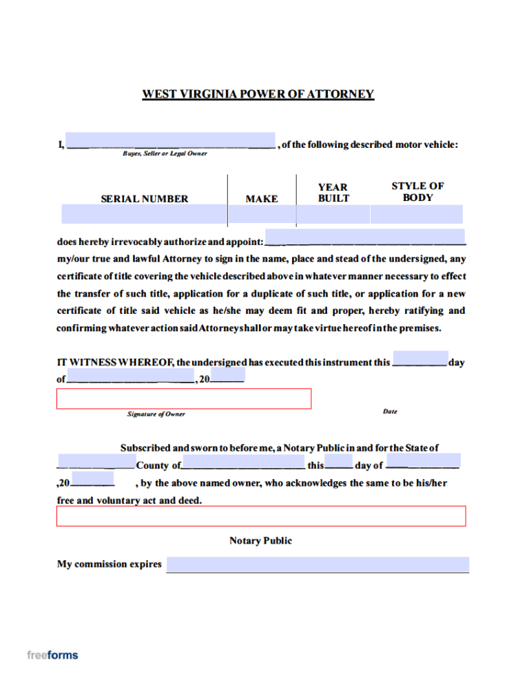 Free West Virginia Motor Vehicle Power of Attorney Form | PDF