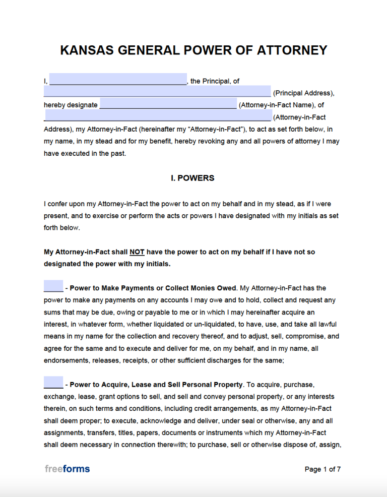 Free Kansas General (Financial) Power of Attorney Form | PDF | WORD