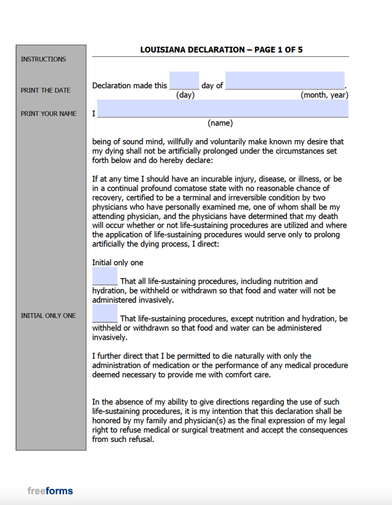 Free Louisiana Advance Directive Form Medical POA Living Will PDF