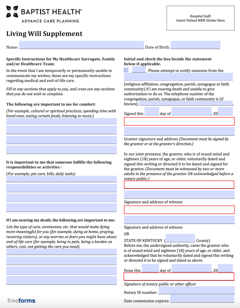 Free Kentucky Advance Directive Form (Medical POA & Living Will) | PDF