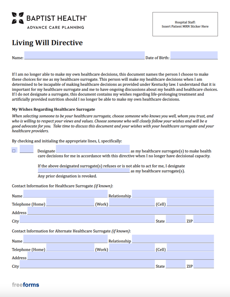 Free Kentucky Advance Directive Form (Medical POA & Living Will) | PDF