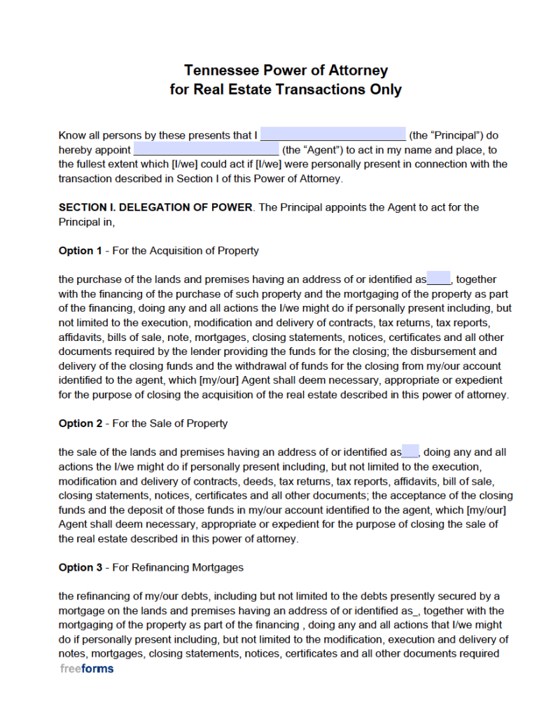 Free Tennessee Real Estate Power of Attorney Form | PDF | WORD