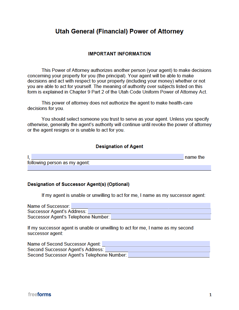 Free Utah General (Financial) Power of Attorney Form | PDF | Word