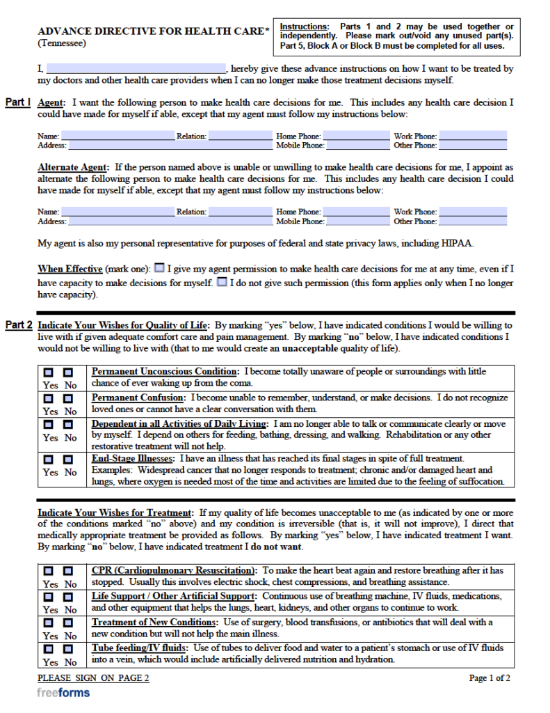 Free Tennessee Advance Directive Form (Medical POA & Living Will) | PDF