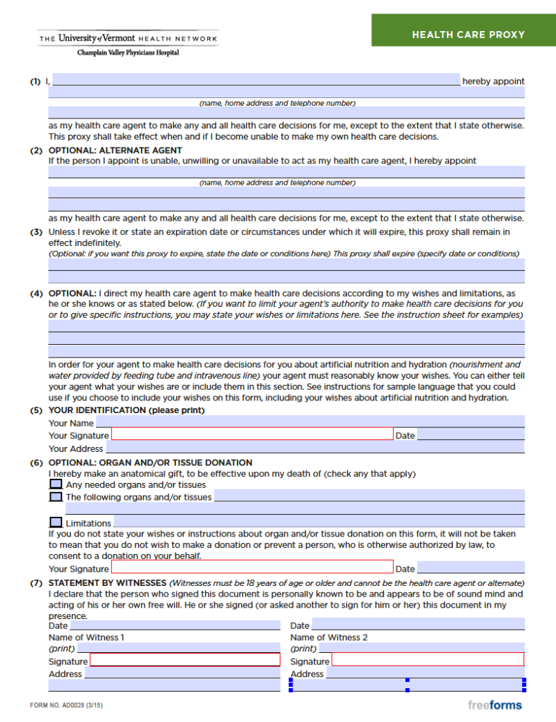 Free Vermont Advance Directive Form (Medical POA & Living Will) | PDF