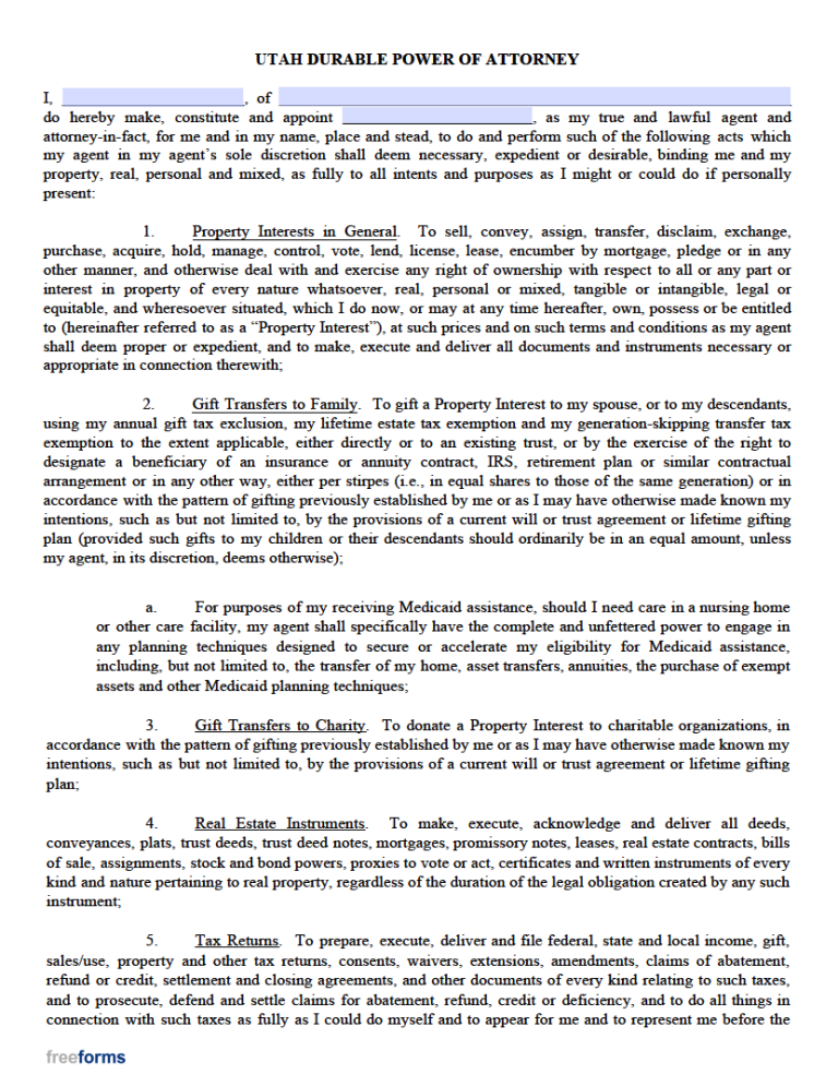Free Utah Durable (Financial) Power of Attorney Form | PDF | Word
