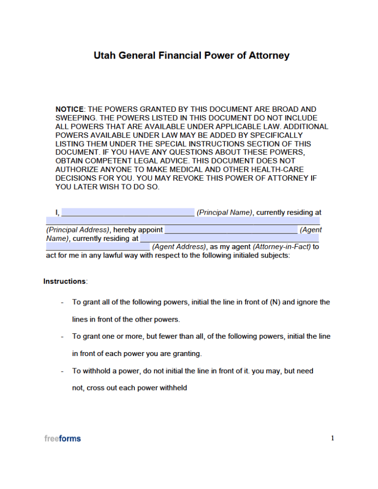 Free Utah General (Financial) Power of Attorney Form | PDF | Word