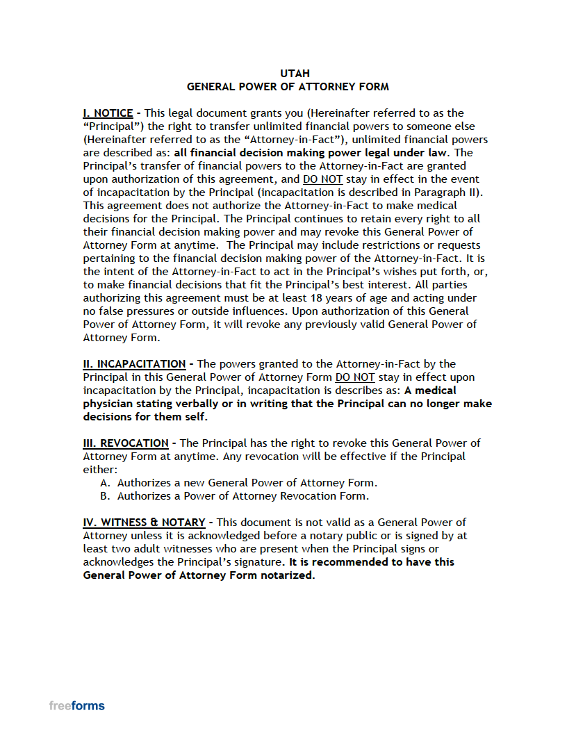 Free Utah General (Financial) Power of Attorney Form | PDF | WORD