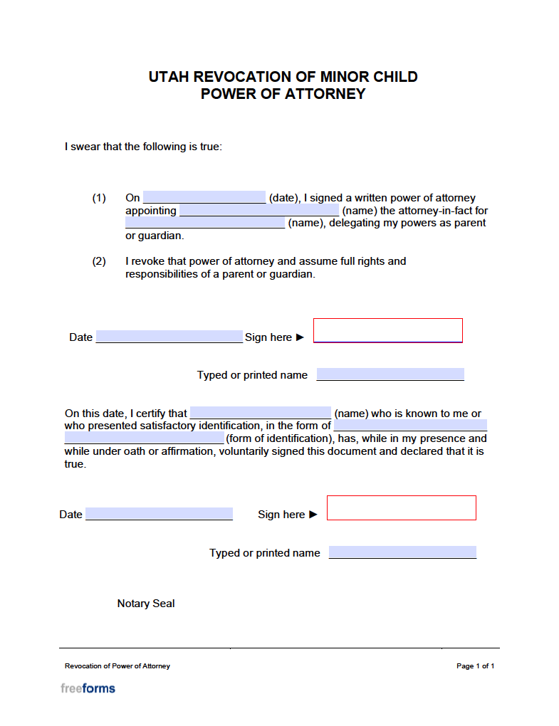 Free Utah Minor Child Power of Attorney Form | PDF | WORD
