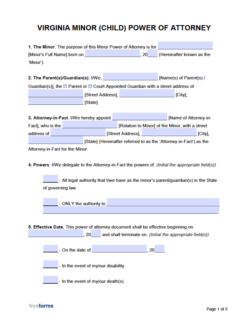 Free Virginia Minor Child Power of Attorney Form | PDF | Word