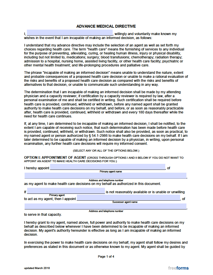 Free Virginia Advance Directive Form (Medical POA & Living Will) | PDF