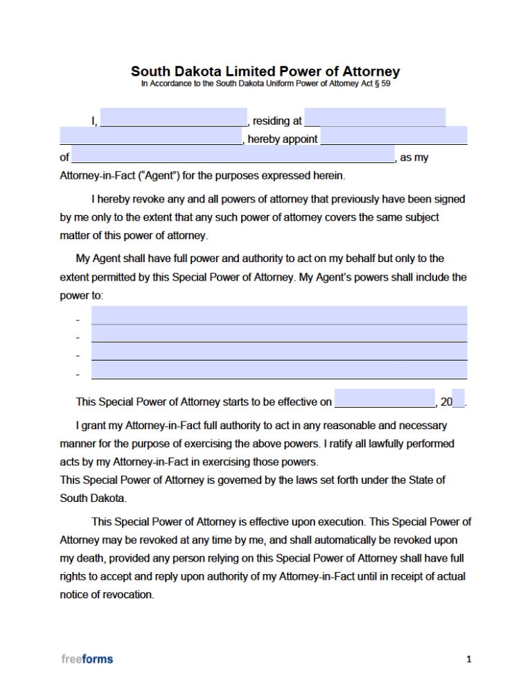 Free South Dakota Limited (Special) Power of Attorney Form | PDF | Word