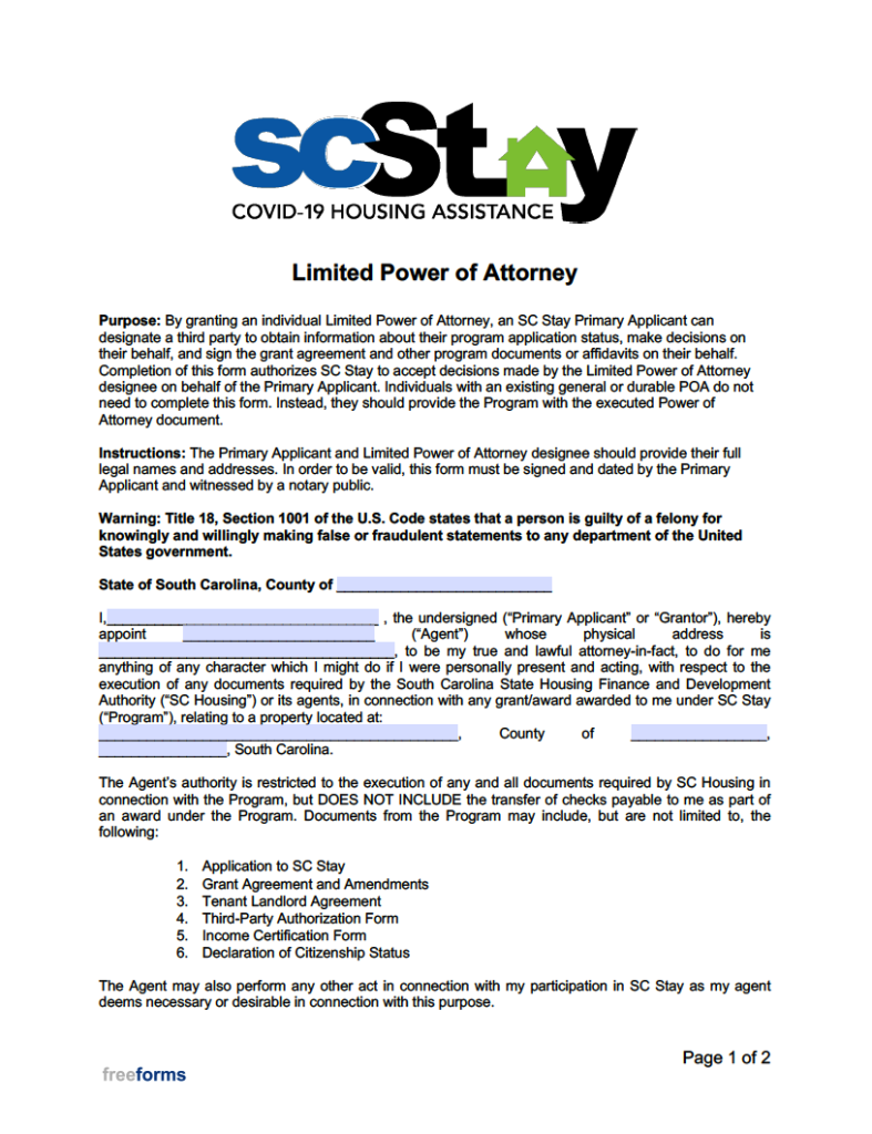 Free South Carolina Limited (Special) Power of Attorney Form | PDF | WORD